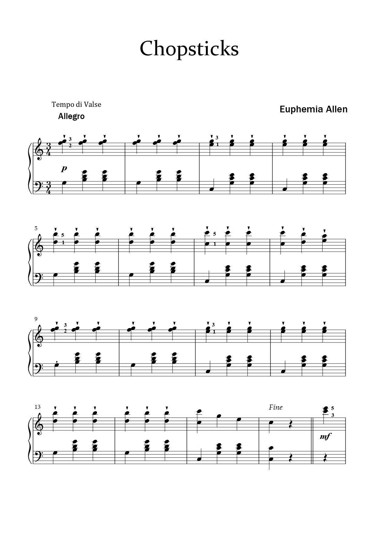 Chopsticks sheet music store