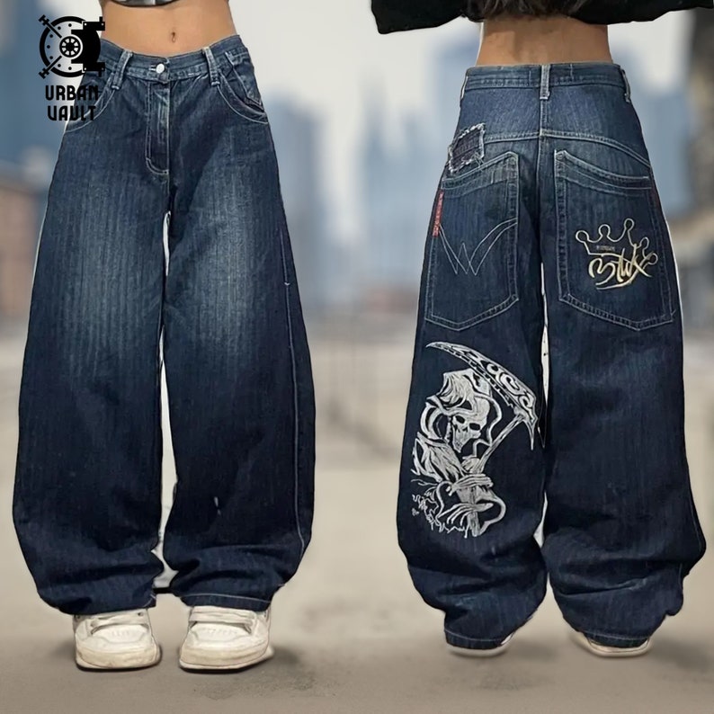 Y2K Hip Hop Streetwear Jeans With Big Pockets and Death Print, Vintage High-waisted Denim Pants ...