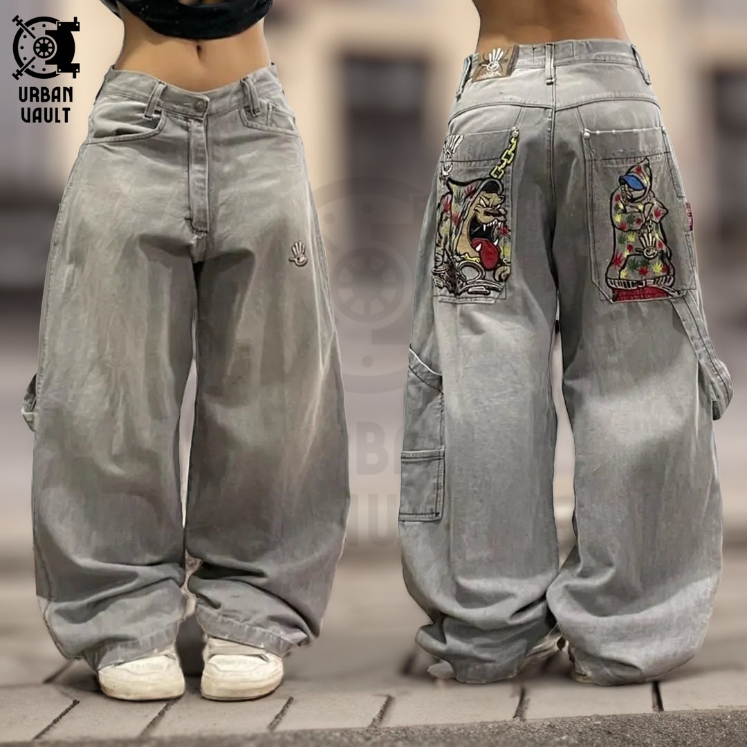 Y2K Vintage Pattern Embroidery Oversized Cargo Pants, Streetwear Baggy ...