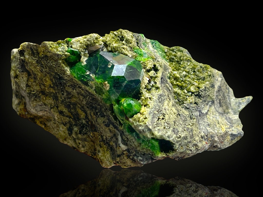 Natural Green Demantoid Garnet Crystal Specimen on Diopside Matrix, Raw ...