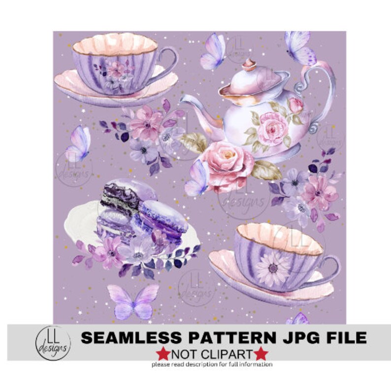 Purple Tea Cups DIGITAL File Seamless Pattern JPG FILE Instant Download ...