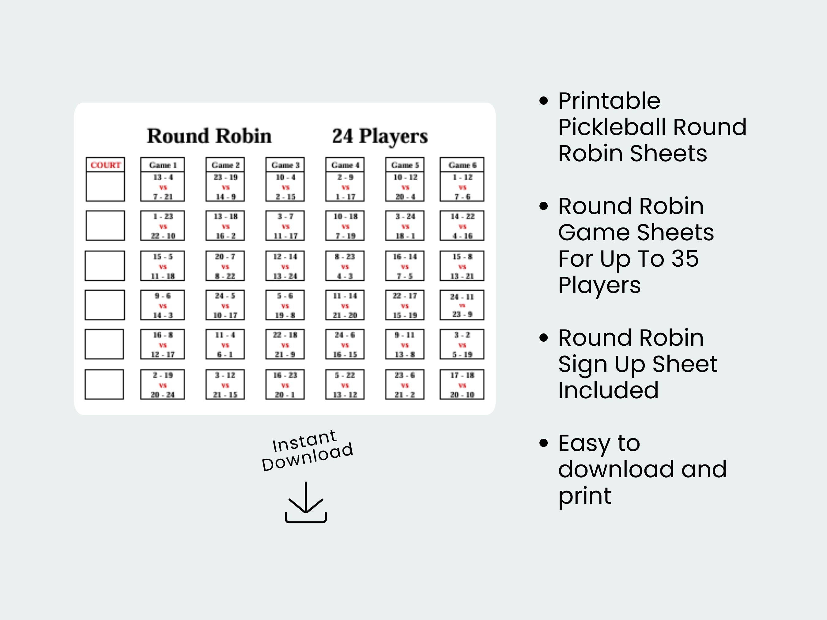 Pickleball Round Robin Sheets: Sign Up, 8-35 Players (digital Download ...