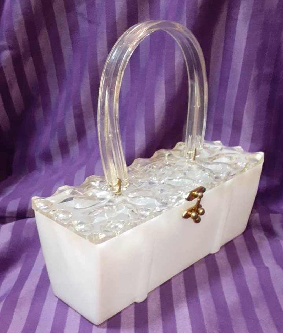 1950s Vintage Carved Clear Lucite Purse W Marbleized Pearlescent White ...