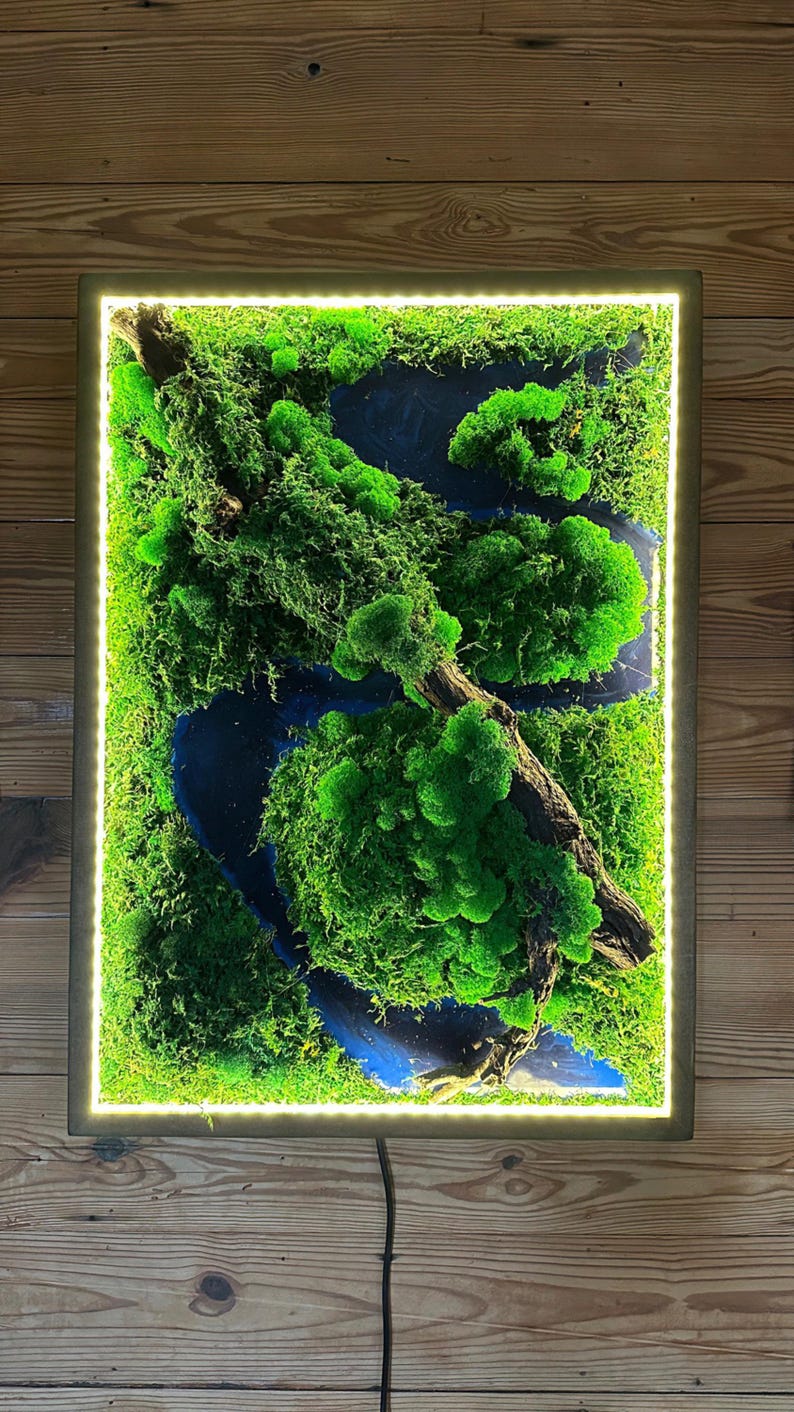 Illuminated Moss Wall Art 20”×28” – Handmade LED Forest Panel With ...