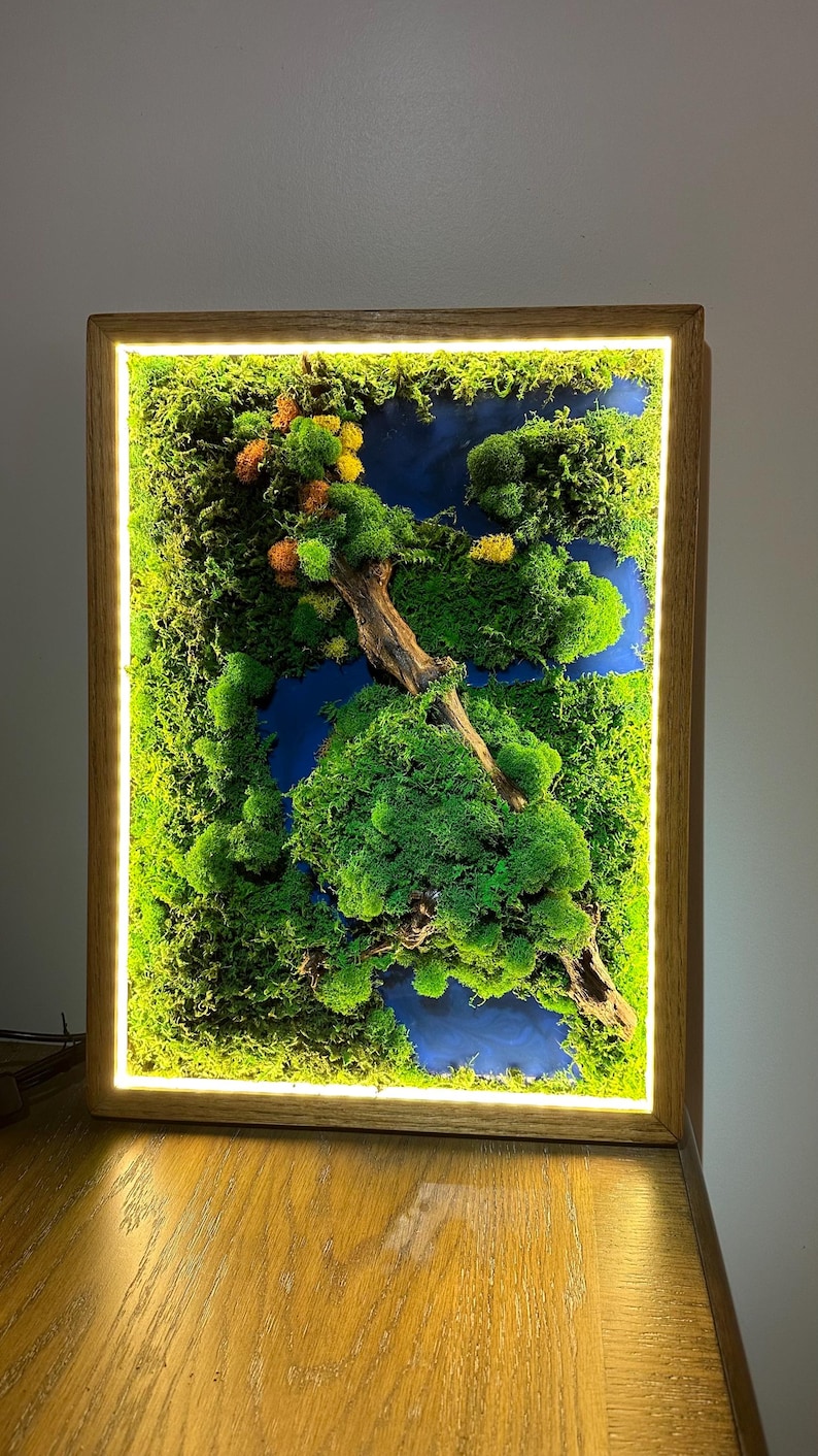 Illuminated Moss Wall Art 20”×28” – Handmade LED Forest Panel With ...