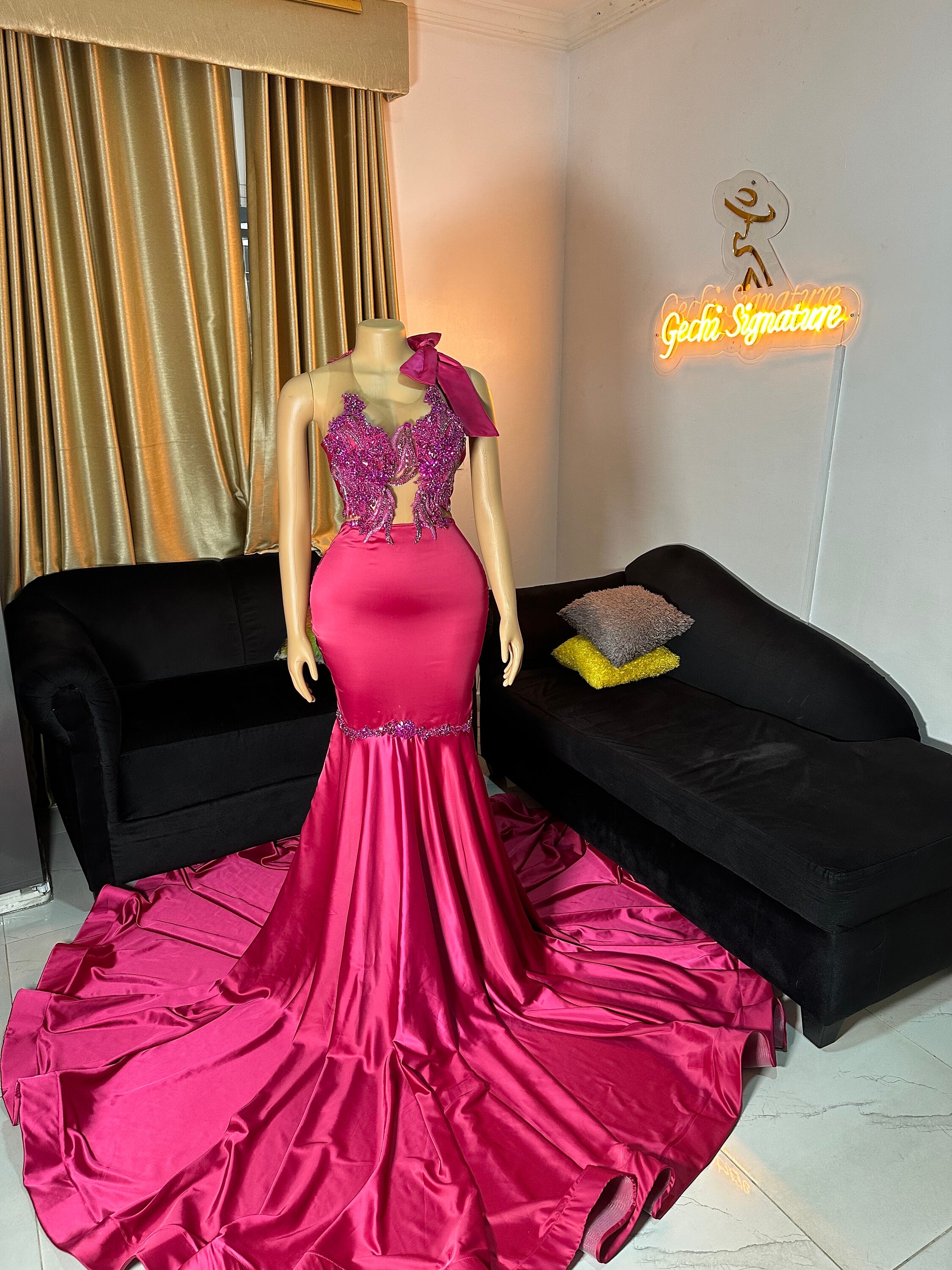 Fuchsia Pink Prom Dress, Black Girl Mermaid Prom Dress, Evening Dress ...