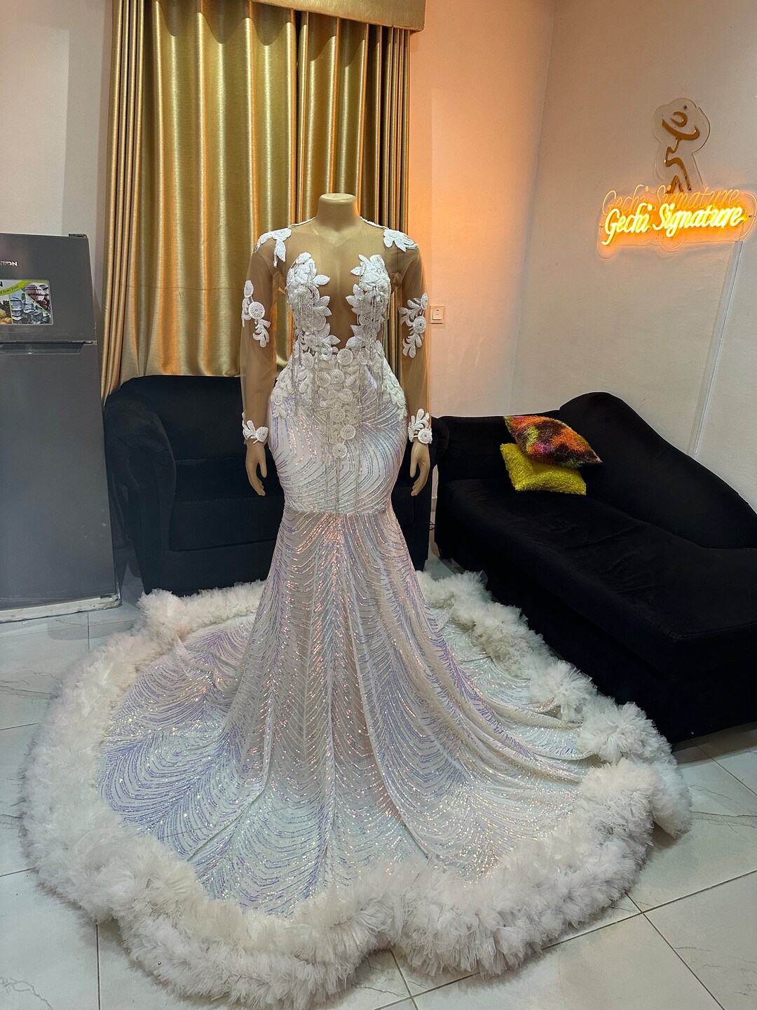 White Lace Mermaid Wedding Prom Dress, Evening Dress, Reception Dress ...