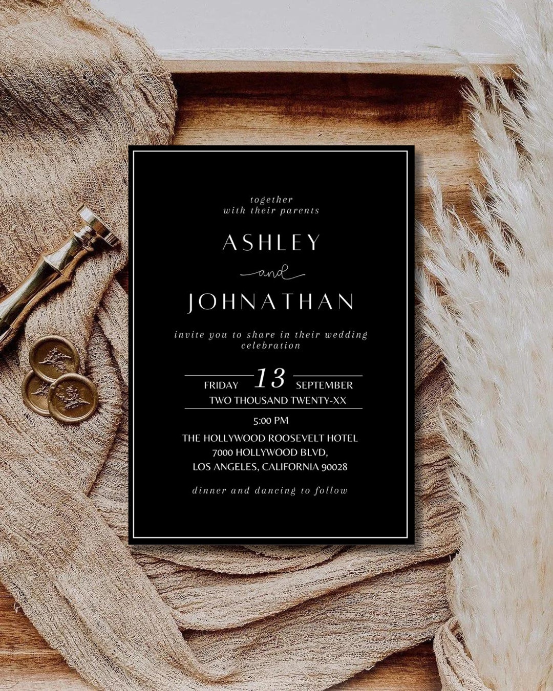 Black Wedding Invitation Template, Instant Download, Minimalist Wedding ...