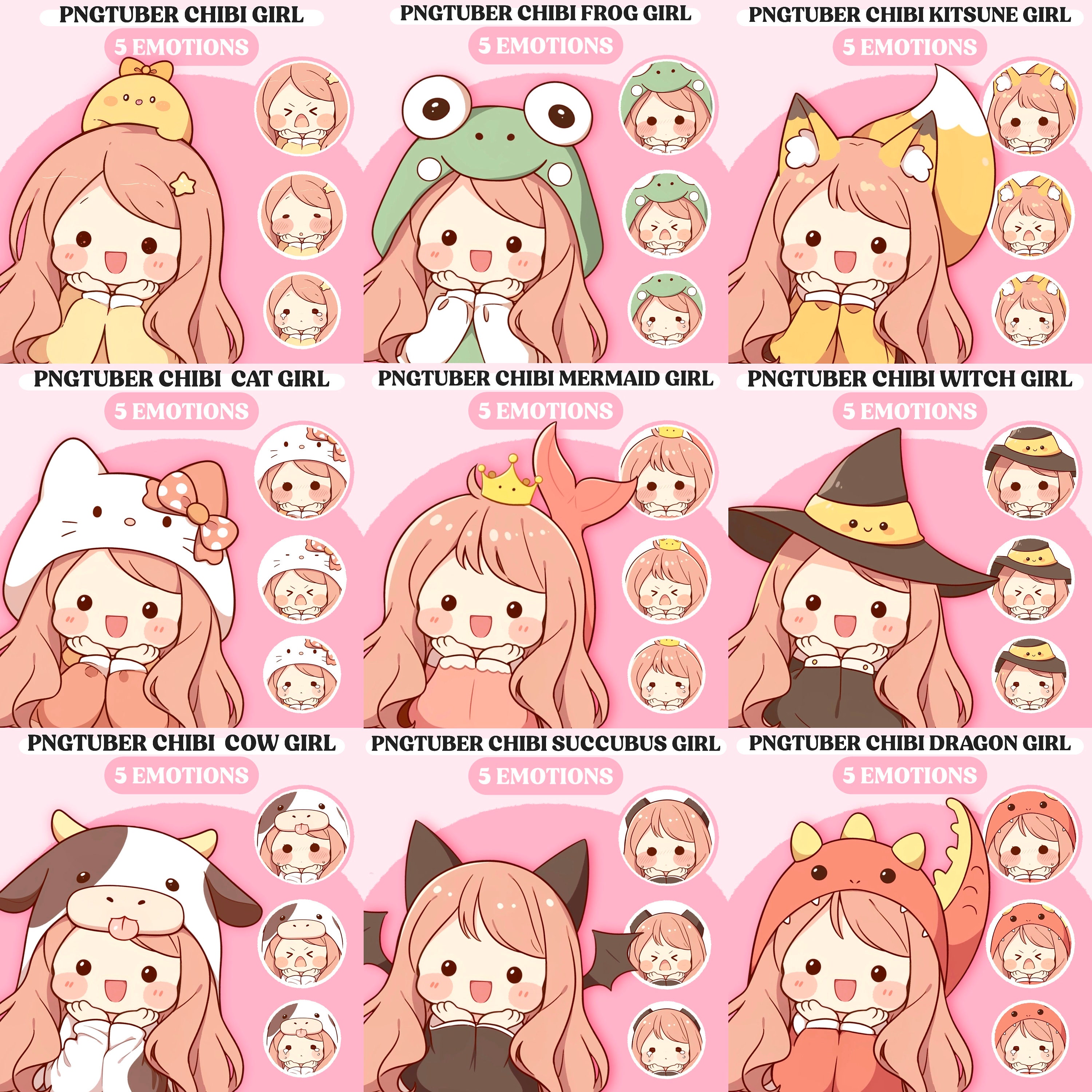 Pngtuber Model - 10 Outfits | Chibi Girl Pngtuber Premade Model | Chibi ...