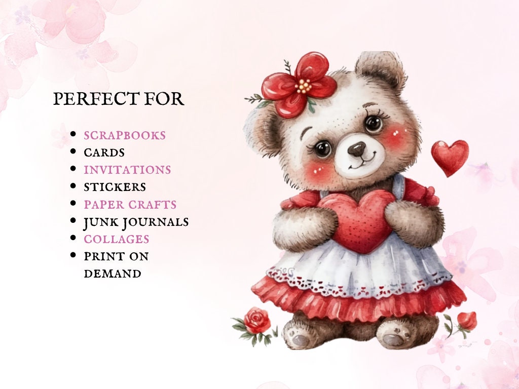 Watercolor Valentine's Day Clipart Teddy Bear, Watercolor Love Clipart ...