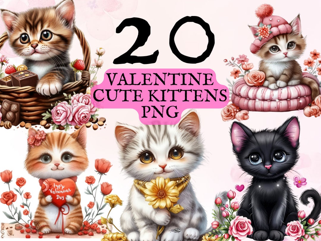 Cute Valentine's Day Cats Watercolor Clipart Bundle PNG Romantic Cat ...