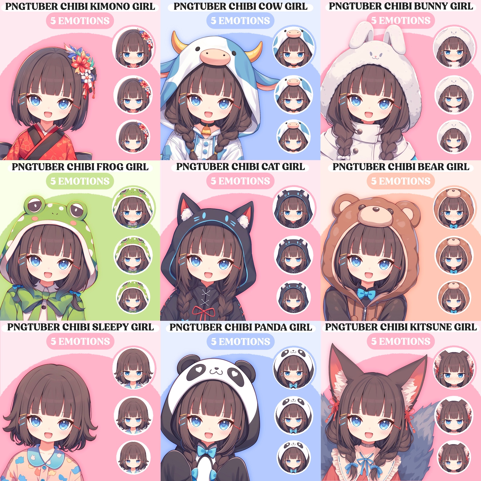 Pngtuber Model - 10 Outfits | Chibi Girl Pngtuber Premade Model | Chibi ...