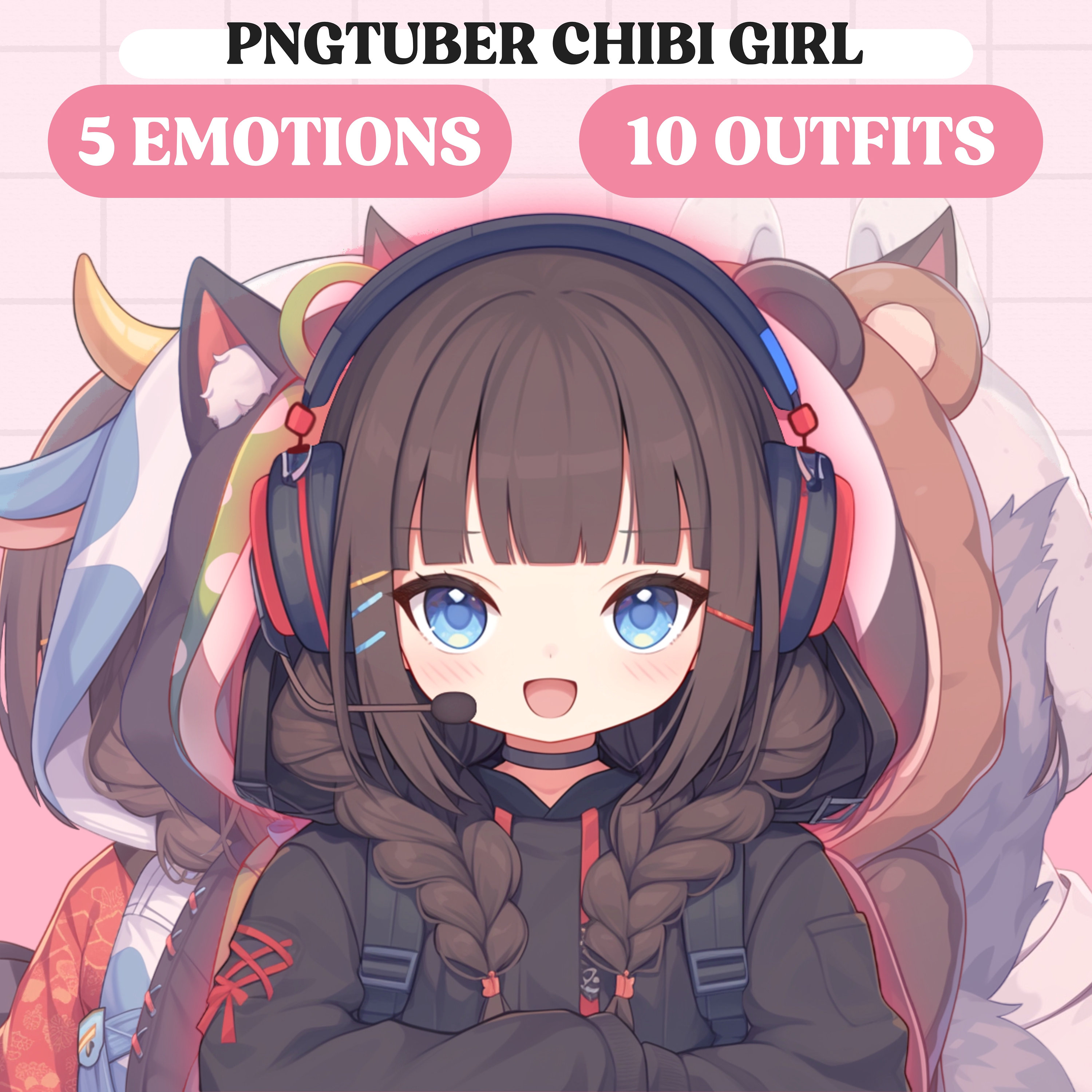 Pngtuber Model 10 Outfits Chibi Girl Pngtuber Premade Model Chibi Pngtuber Asset Cute PNG Tuber ...