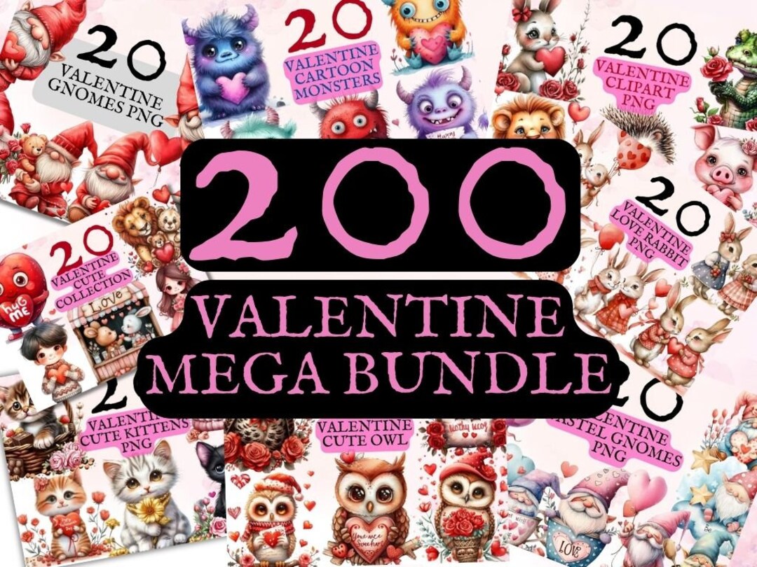 200 Valentines Clipart Mega Bundle, Valentines Bundle PNG, Valentine ...
