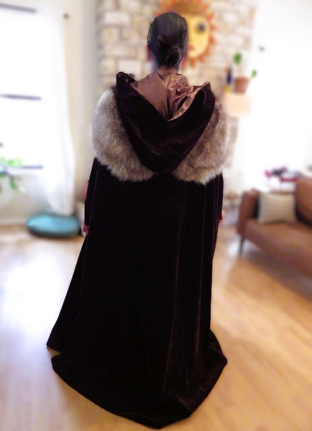 Satin Lined, Embossed Velvet, Hooded Cloak With Fox Fur Accent for ...