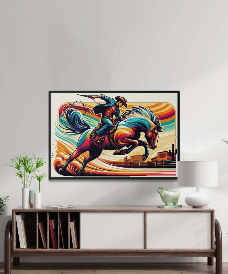 Vibrant Cowboy Digital Art Print, Western Rodeo Poster, Colorful Horse Rider Illustration ...