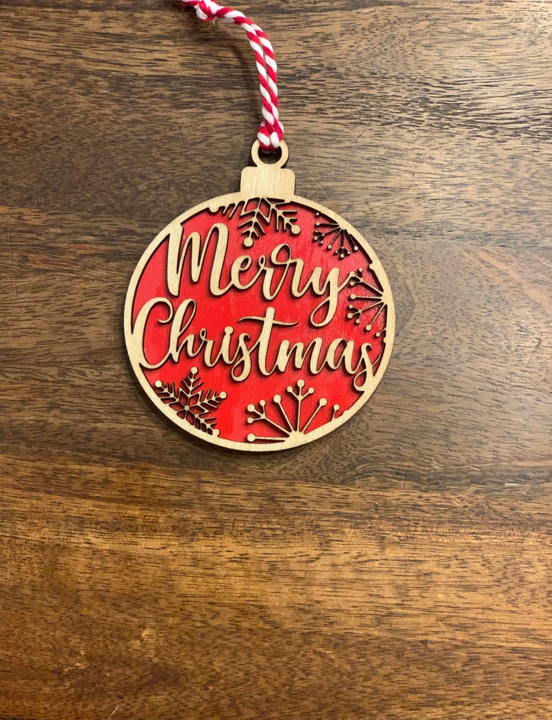 Merry Christmas Wooden Layered Ornament, Natural Wood With Red ...