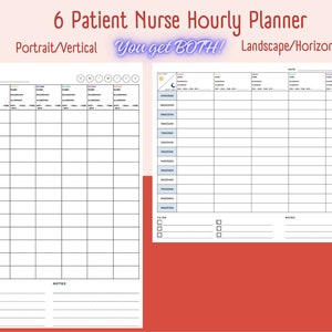 6 Patient Nurse Hourly Planner- Vertical and Horizontal- Nurse Shift ...