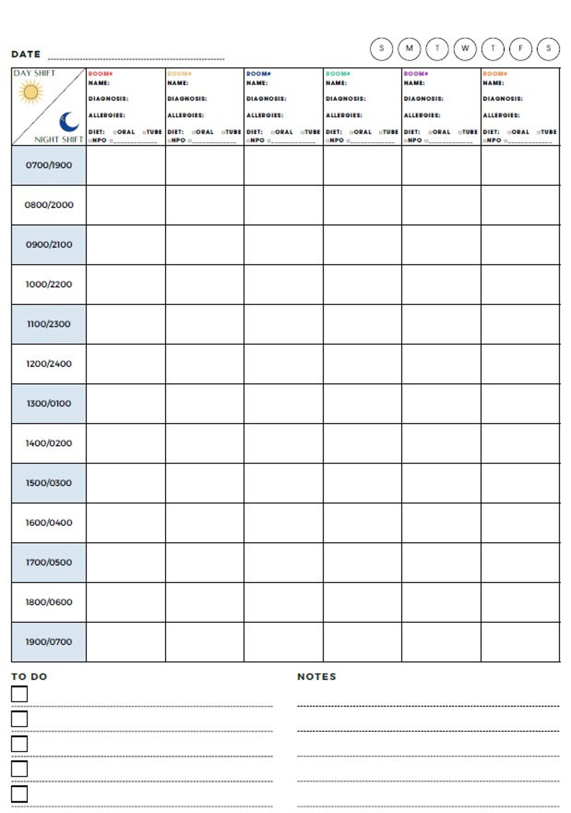 6 Patient Nurse Hourly Planner- Vertical and Horizontal- Nurse Shift ...