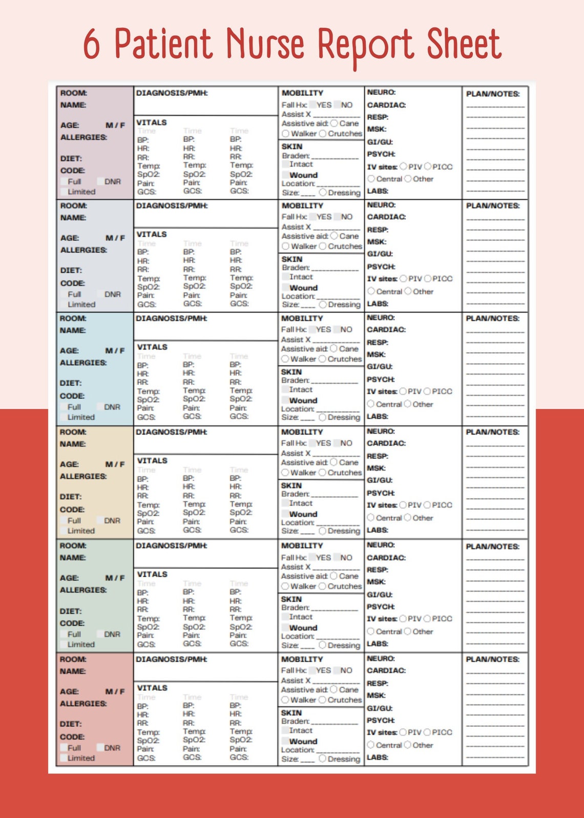 6 Patient Report Sheet Planner- Nurse Brain Sheet- Nurse Shift ...