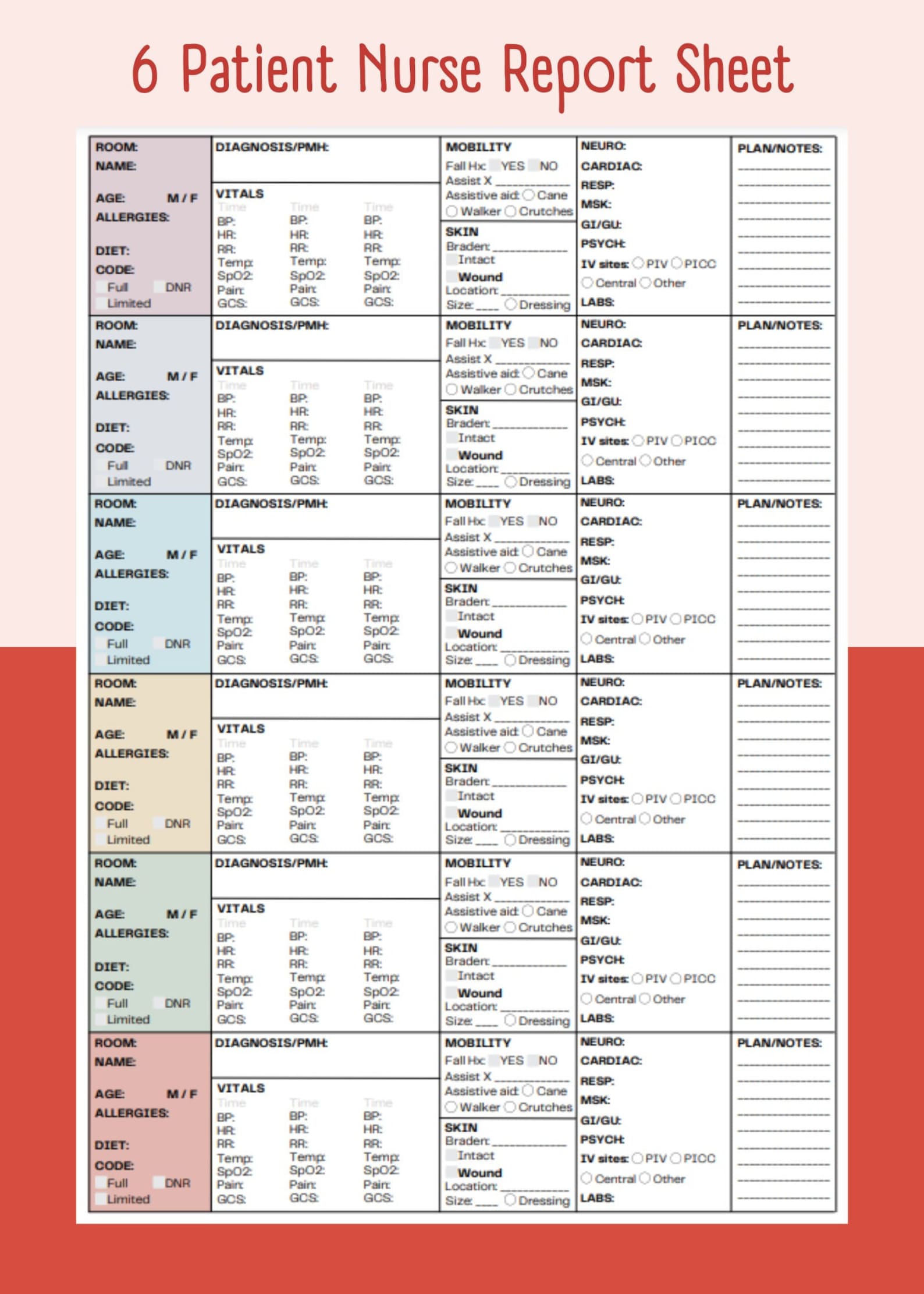6 Patient Report Sheet Planner- Nurse Brain Sheet- Nurse Shift ...