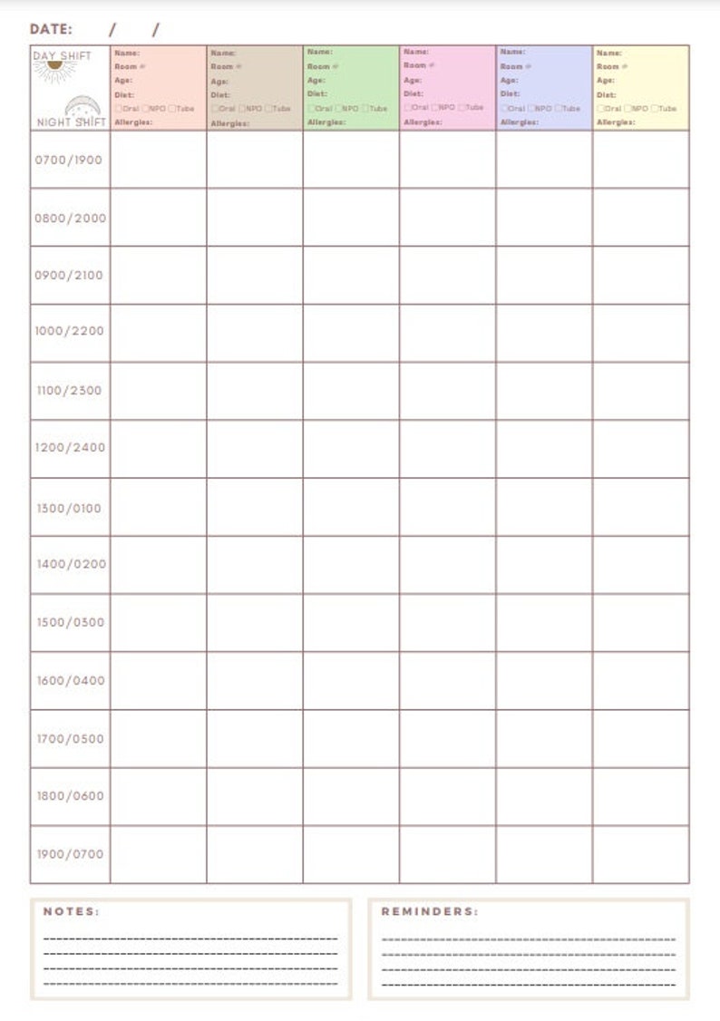 6 Patient Nurse Hourly Planner- Nurse Shift Planner- Day/night Shift ...