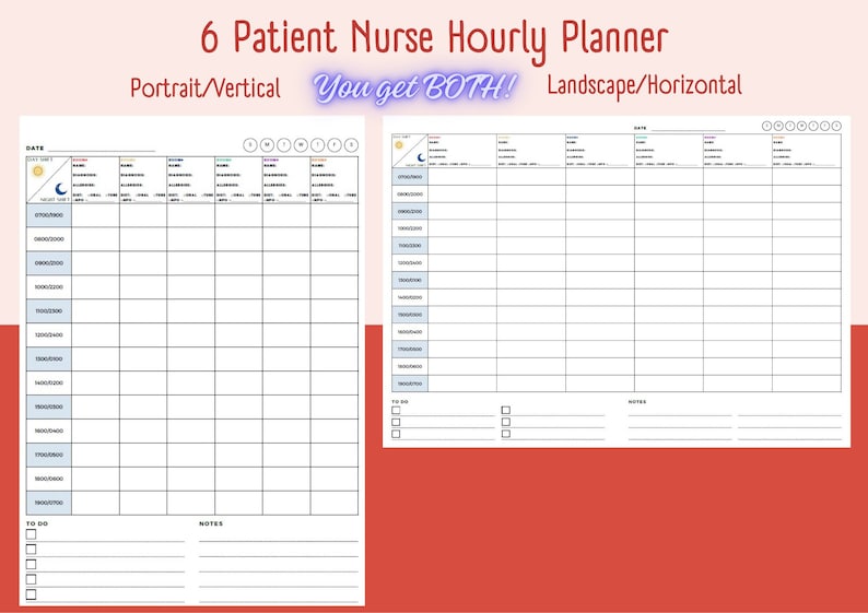 6 Patient Nurse Hourly Planner- Vertical and Horizontal- Nurse Shift ...