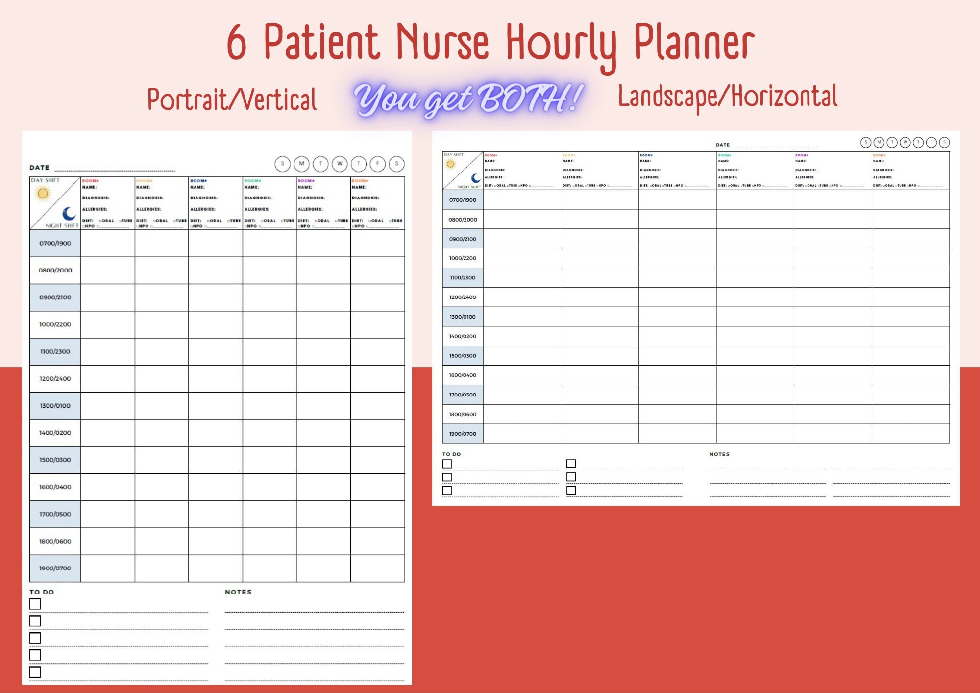 6 Patient Nurse Hourly Planner- Vertical and Horizontal- Nurse Shift ...
