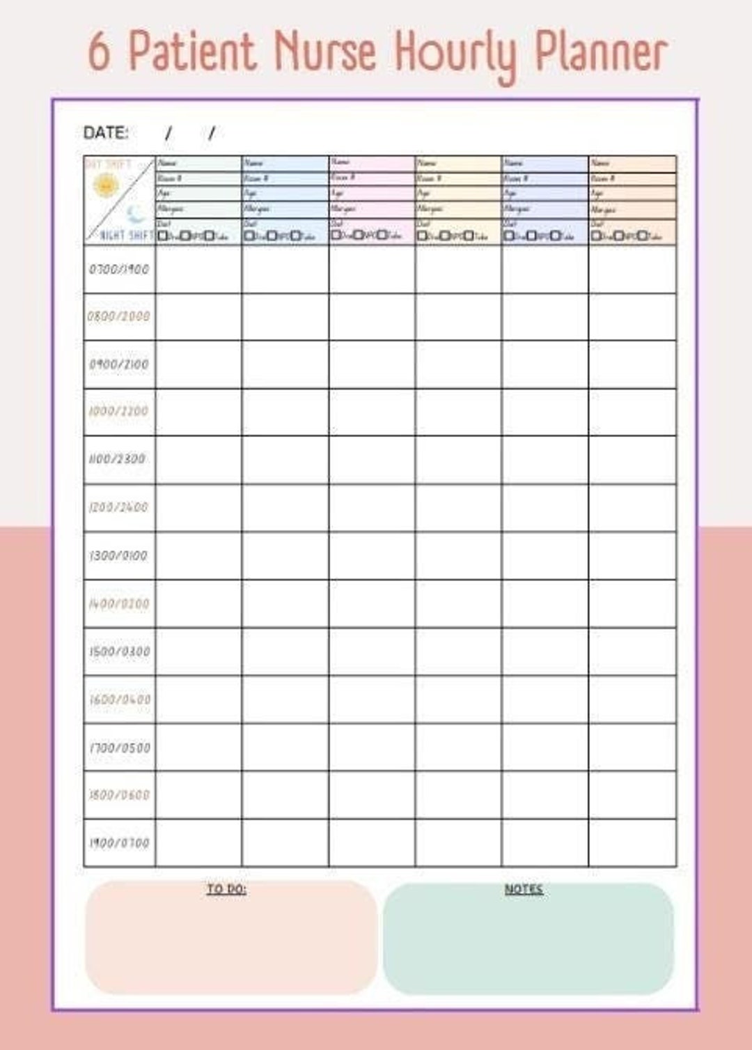 6 Patient Nurse Hourly Planner Pastel Colour-nurse Shift Planner- Day ...