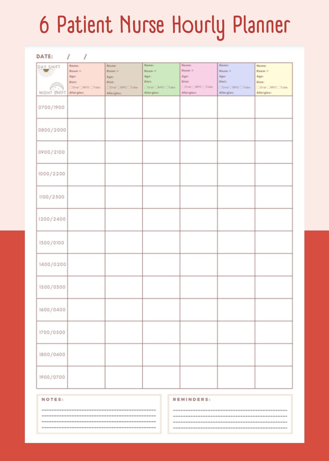6 Patient Nurse Hourly Planner- Nurse Shift Planner- Day/night Shift ...