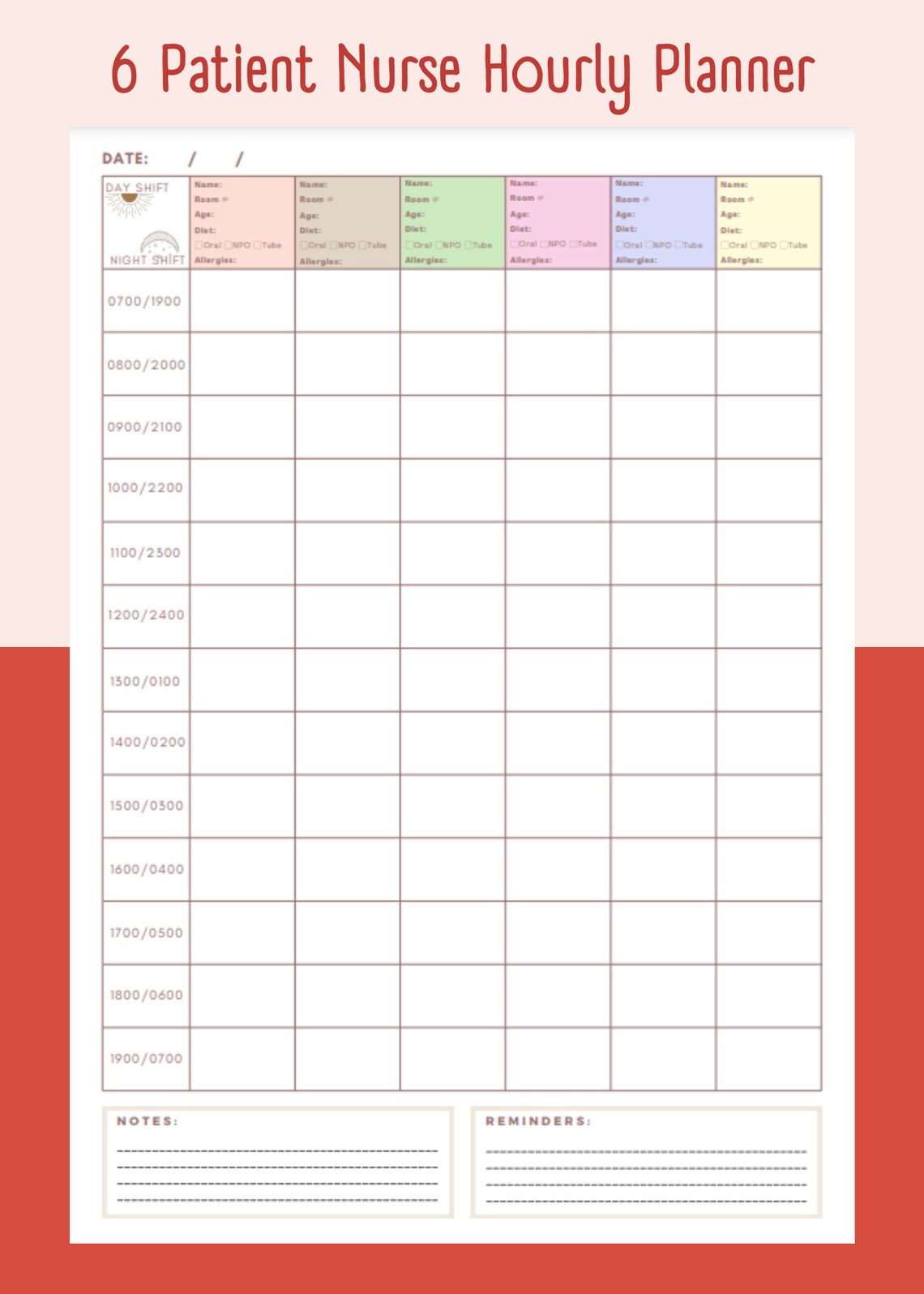 6 Patient Nurse Hourly Planner- Nurse Shift Planner- Day/night Shift ...