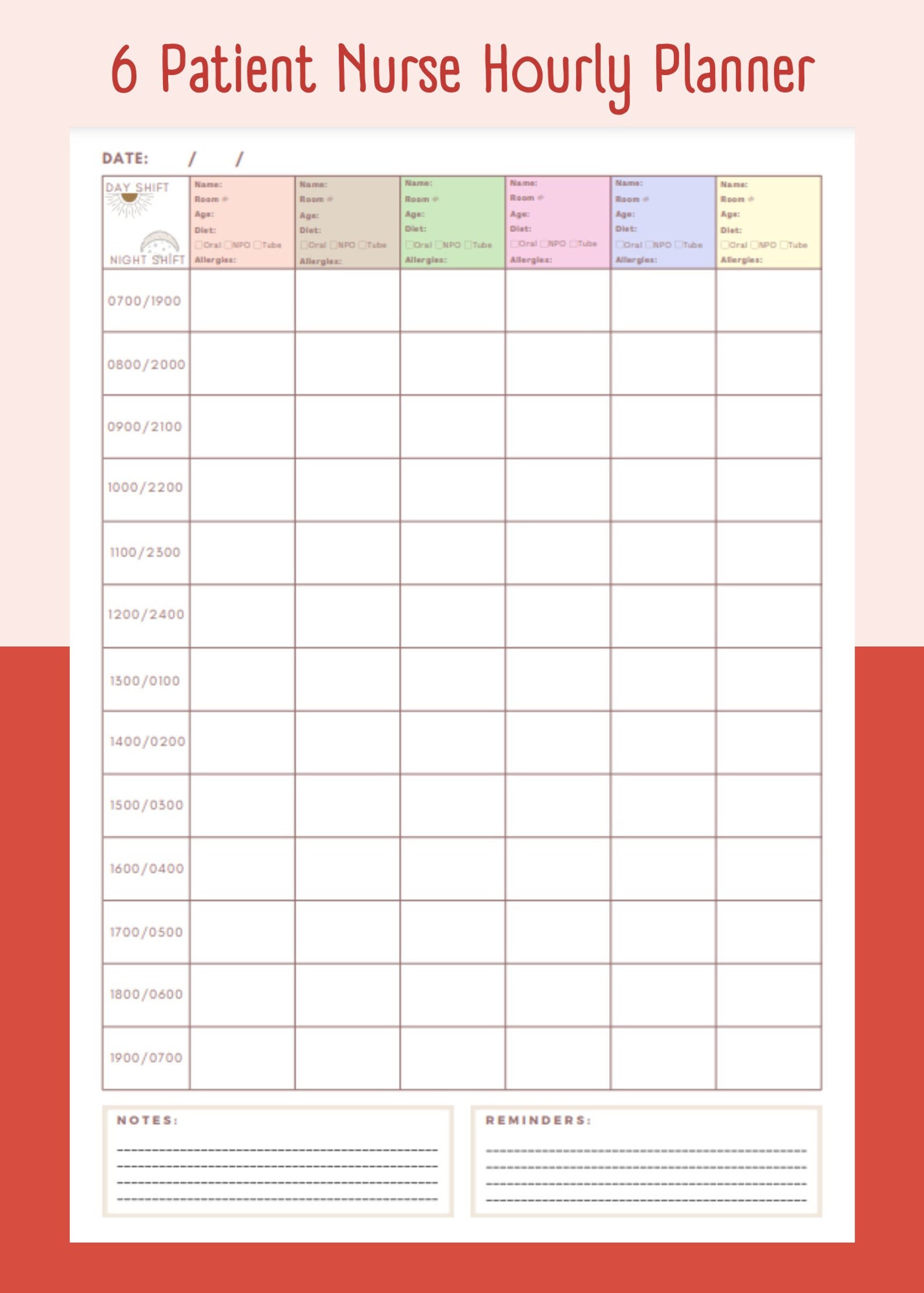 6 Patient Nurse Hourly Planner- Nurse Shift Planner- Day/night Shift ...