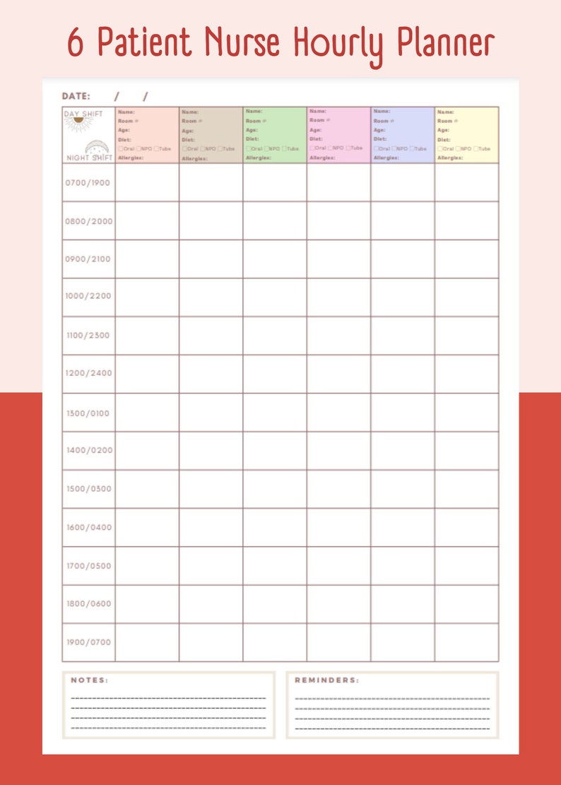 6 Patient Nurse Hourly Planner- Nurse Shift Planner- Day/night Shift ...