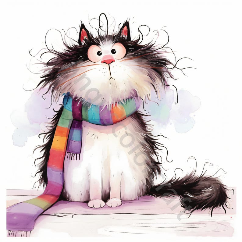 10 JPG Quirky Messy Hair Cat Clip Art, Watercolor Kitten, Junk ...