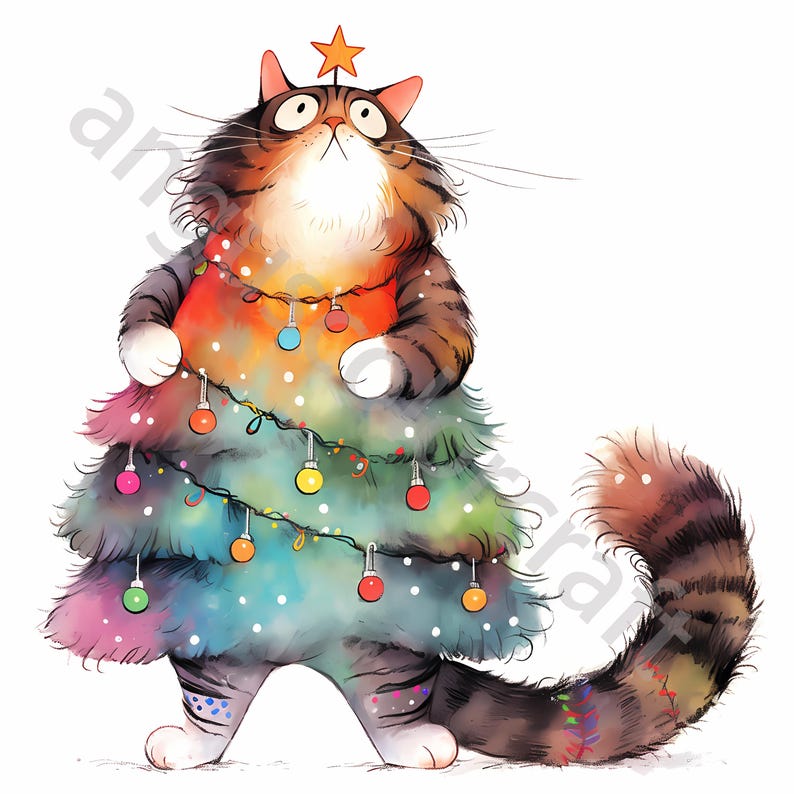 10 Merry Meow Tree Clip Art, Watercolor Clipart JPG, Junk Journaling ...