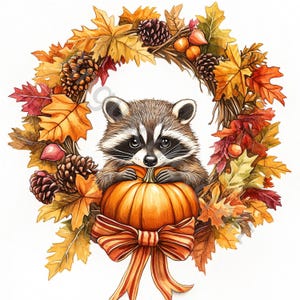 10 JPG Pumpkin Raccoon Clipart, Autumn Wreath, Commercial Use ...