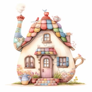 Whimsical Colorful Teapot House Clip Art 12 High Res Watercolor Jpgs ...