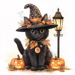 12 JPG Watercolor Halloween Black Cat Clipart Bundle Cute Cat Clipart ...