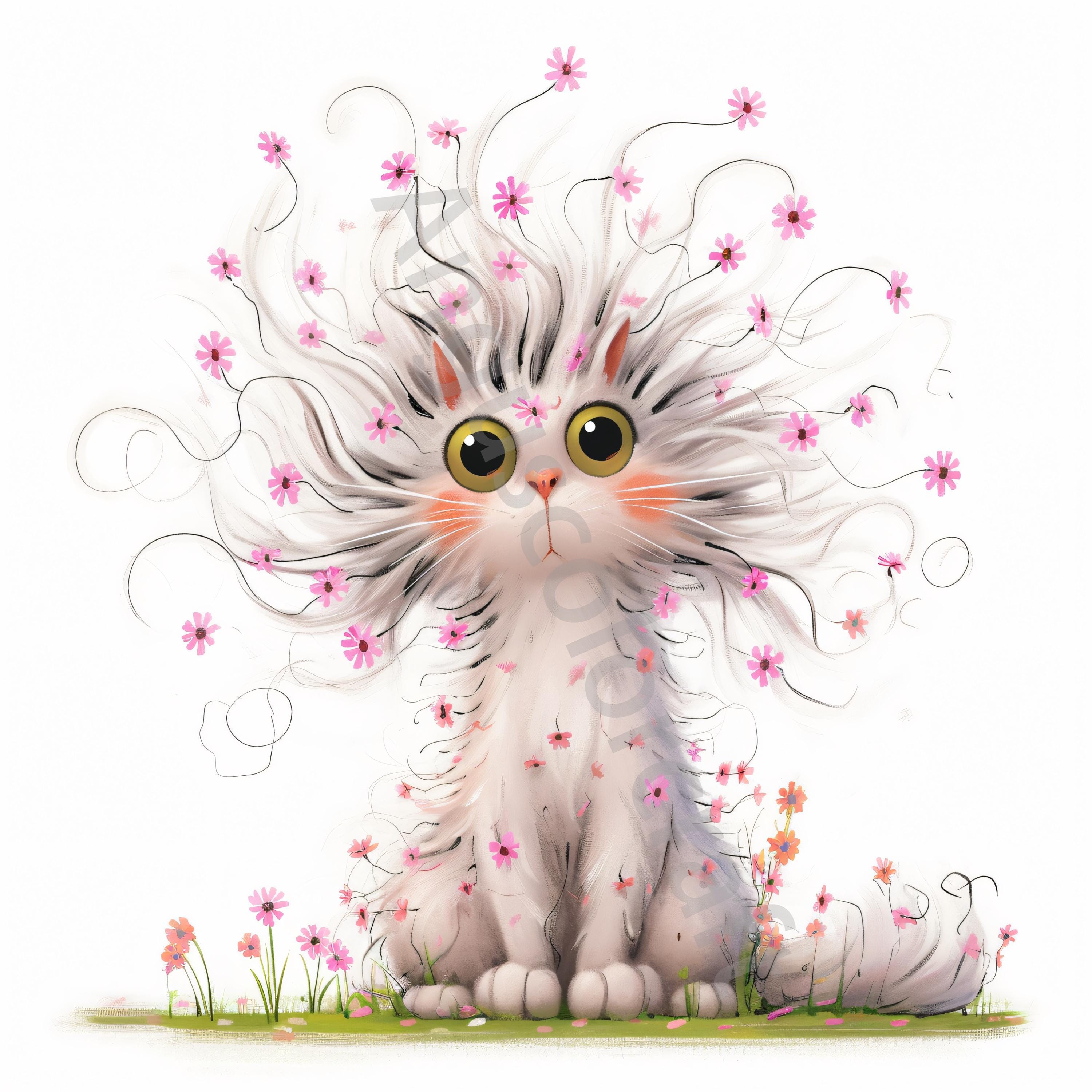 12 Frazzled Flower Cat Clip Art, Watercolor Clipart JPG, Junk ...