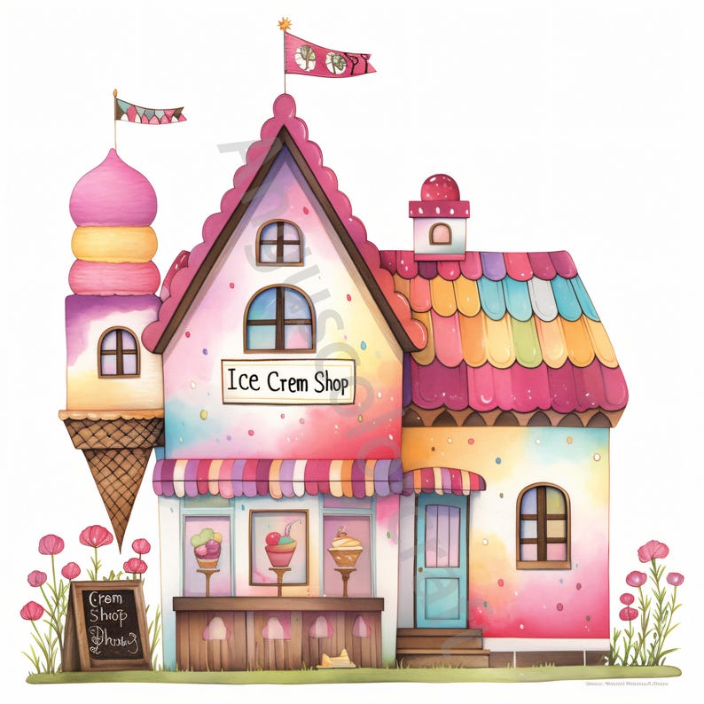 10 Quirky Ice Cream Shop Clip Art, Watercolor Clipart JPG, Junk ...