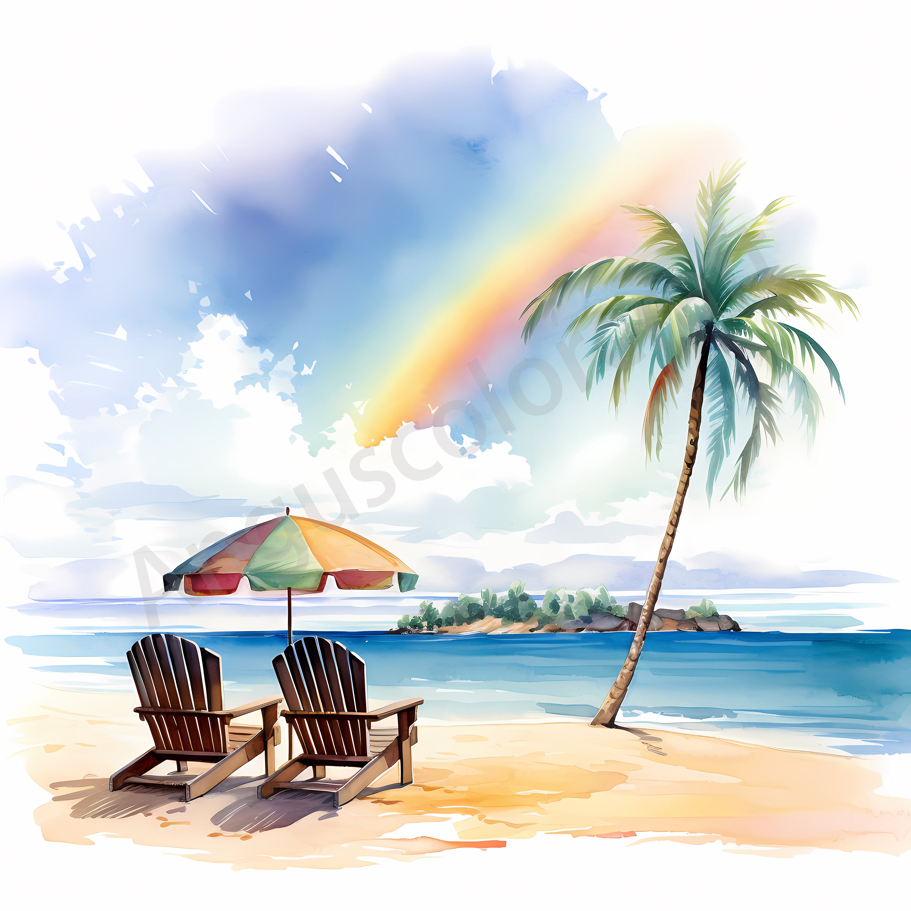 15 Watercolor Tropical Beach Clipart, Summer Beach Clip Art, Vacation ...