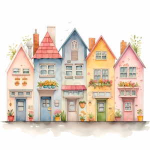Whimsical Row Houses Clipart Bundle 20 High Res Watercolor Jpgs for ...
