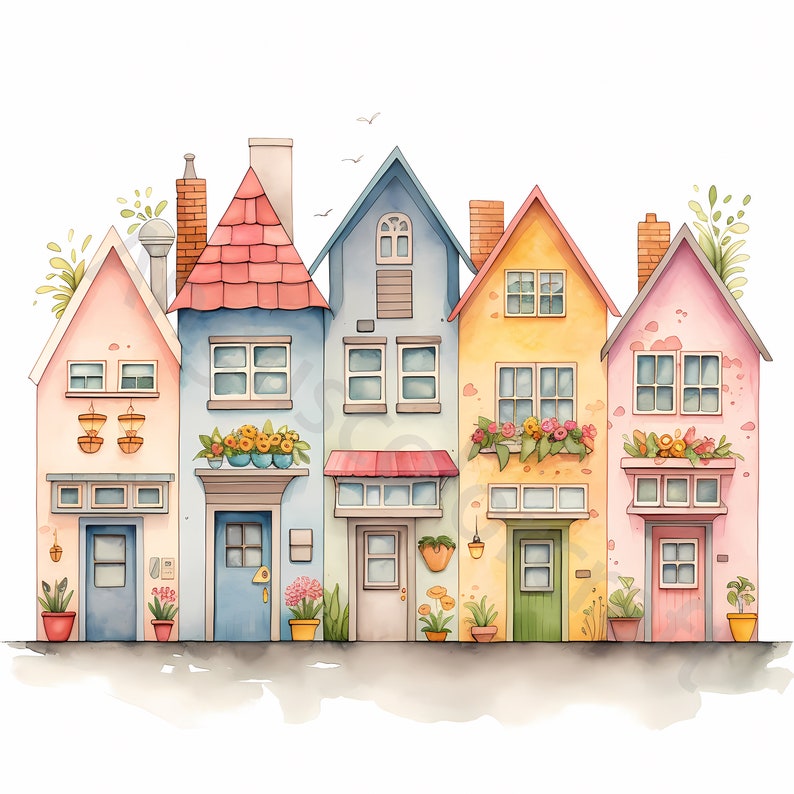 Whimsical Row Houses Clipart Bundle 20 High Res Watercolor Jpgs for Junk Journaling ...