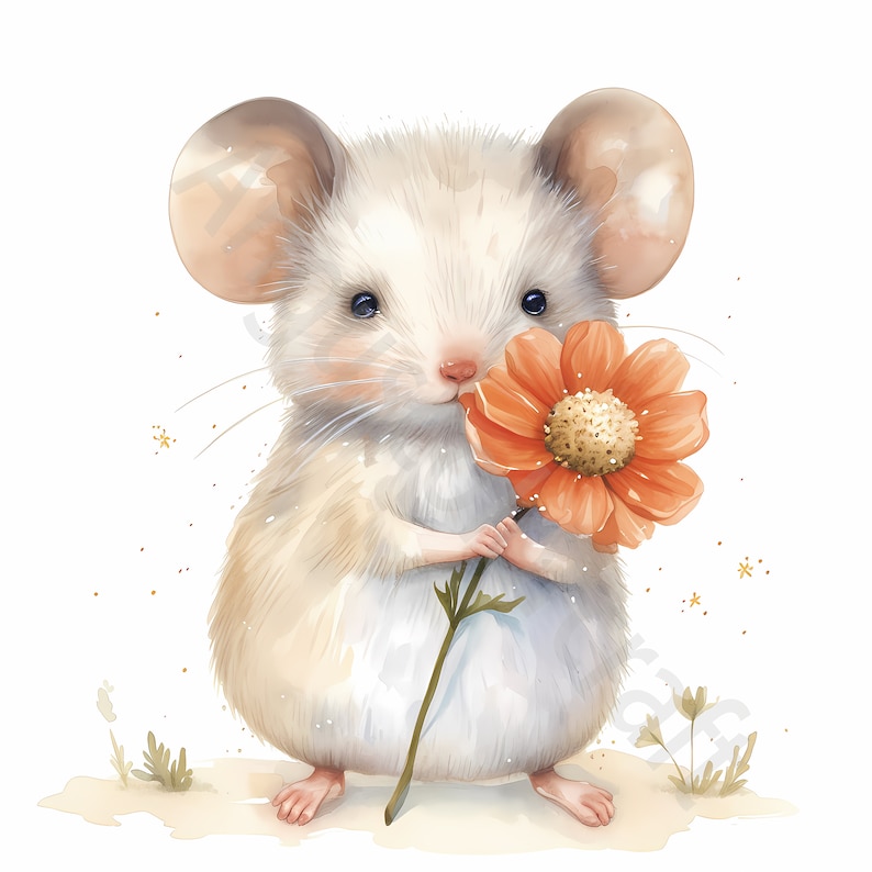 Watercolor Mouse and Flower Clipart 20 High Quality Jpgs, Digital Paper ...