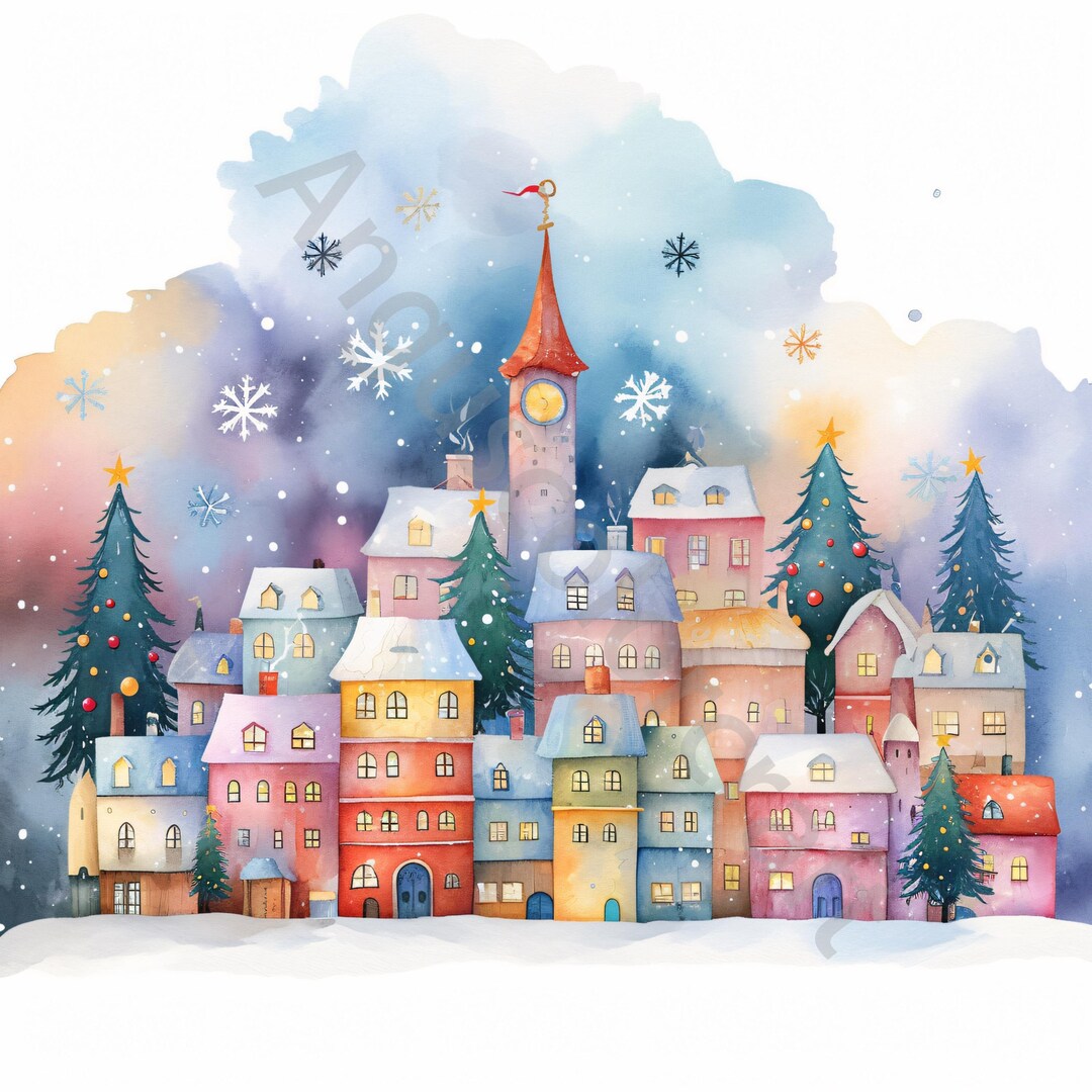10 Christmas Card Clipart, Winter Houses Card, Printable Watercolor ...