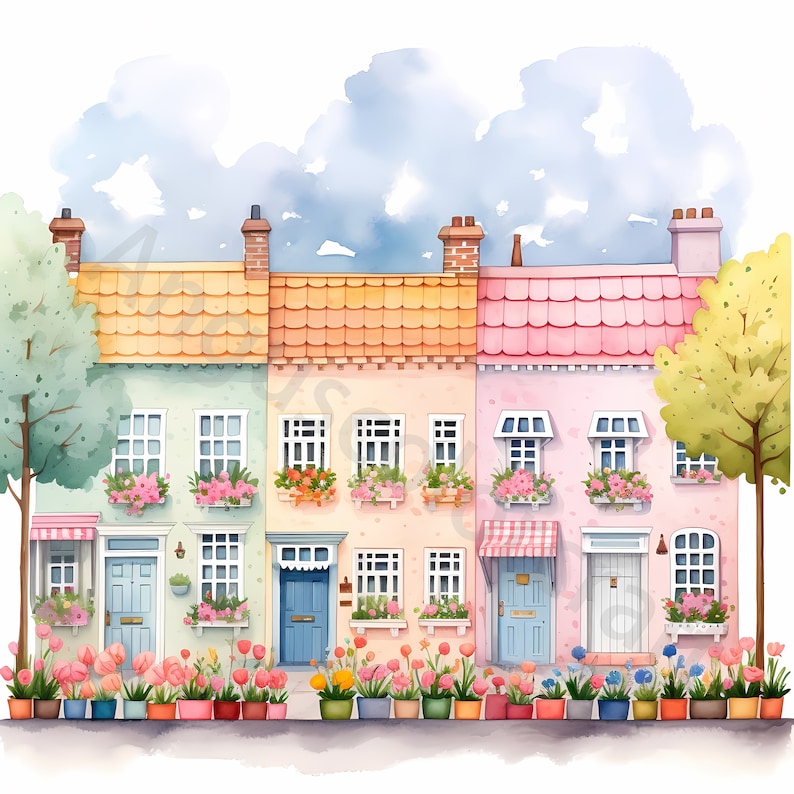 Whimsical Row Houses Clipart Bundle 20 High Res Watercolor Jpgs for Junk Journaling ...