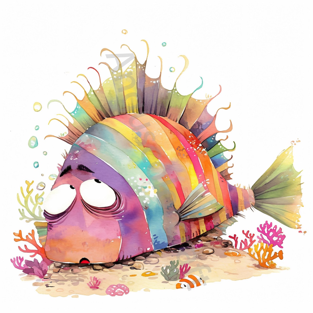 10 Quirky Funny Fish Art, Watercolor Clipart JPG, Junk Journaling ...