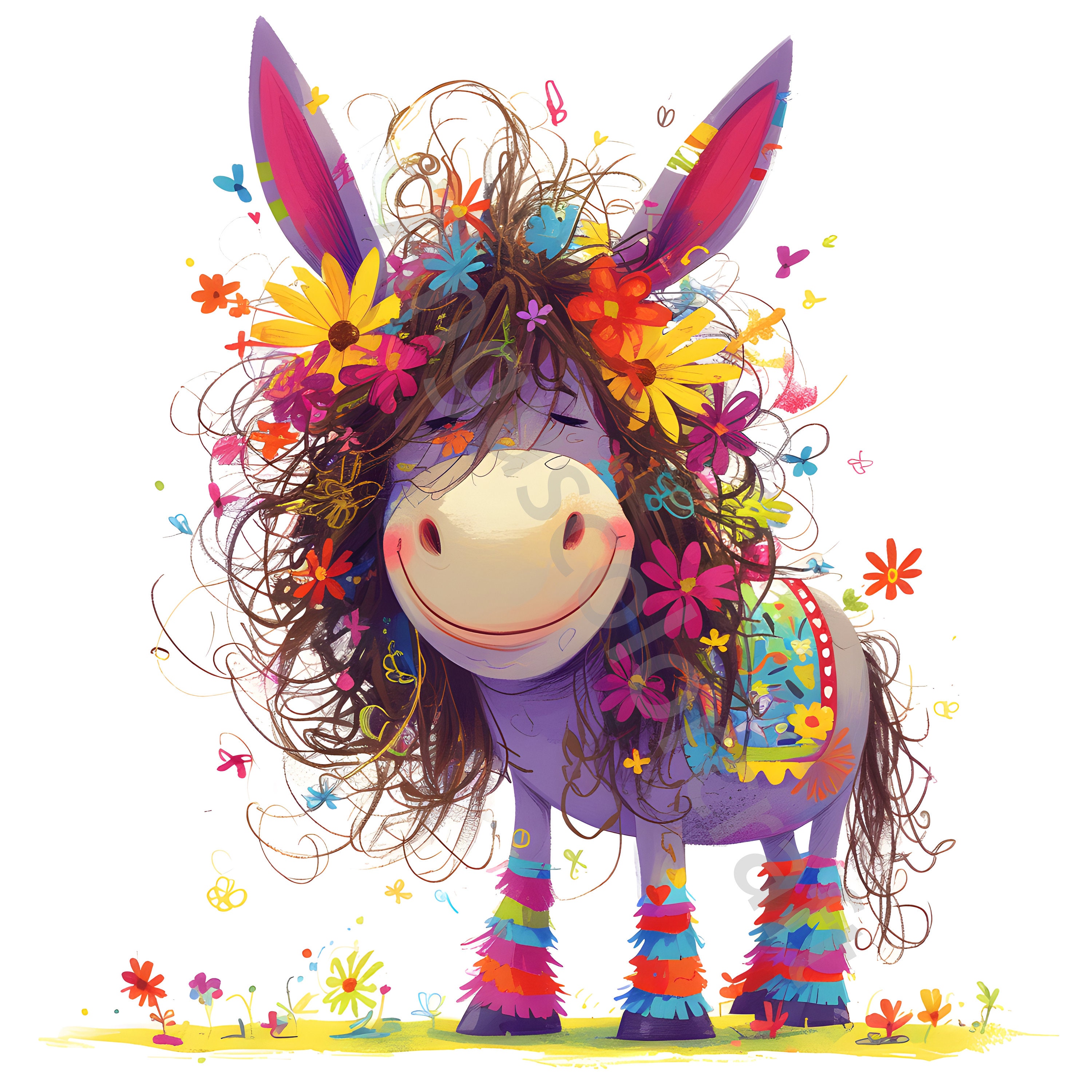 Frazzled Donkey With Flowers Clip Art 13 High Res Watercolor Clipart ...
