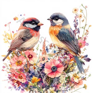 12 JPG Whimsical Birds Clip Art, Birds With Flowers, Cute Birds Digital ...