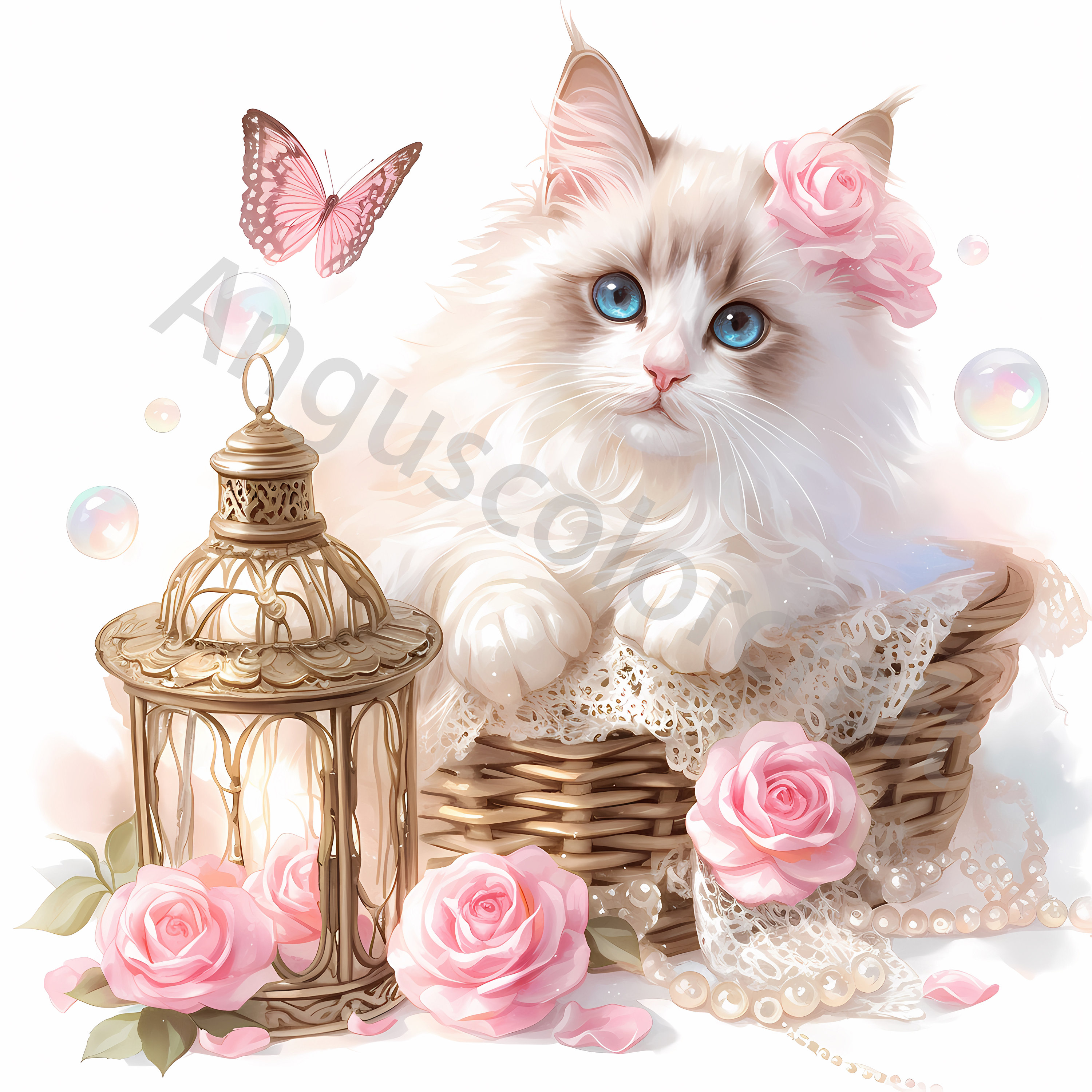 Cute Cat, Shabby Chic Kitten With Bubbles Clip Art 10 Watercolor Jpgs ...